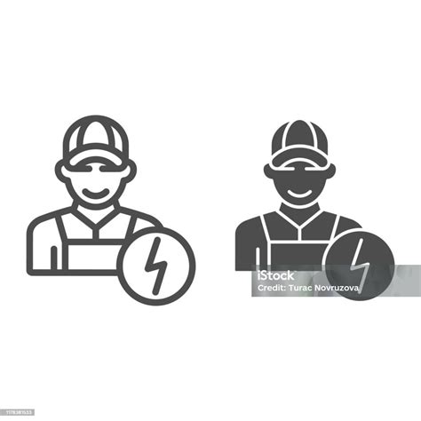 전기 라인과 글리프 아이콘입니다 남자 전기 벡터 그림 흰색에 격리 전기 노동자 개요 스타일 디자인 웹 및 응용 프로그램을 위해
