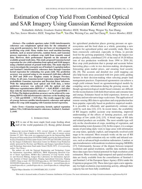 Pdf Estimation Of Crop Yield From Combined Optical And Sar Imagery Using Gaussian Kernel