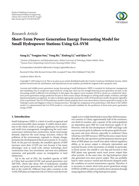 Pdf Short Term Power Generation Energy Forecasting Model For Small Hydropower Stations Using