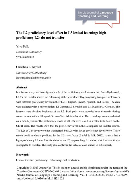 Pdf The L2 Proficiency Level Effect In L3 Lexical Learning High