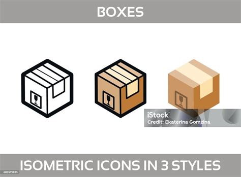 간단한 설정 아이소메트릭 포장 세 가지 스타일에서 벡터 아이콘 상자 평면 라인 아트 및 3d 골 판지 상자 공예에 대한 스톡 벡터 아트 및 기타 이미지 Istock
