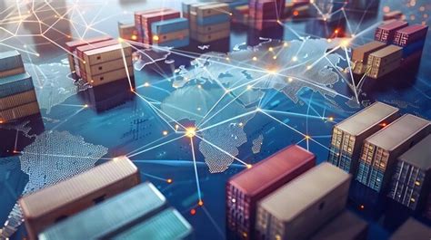 A Map Of The World With Shipping Containers Connected By Digital Lines