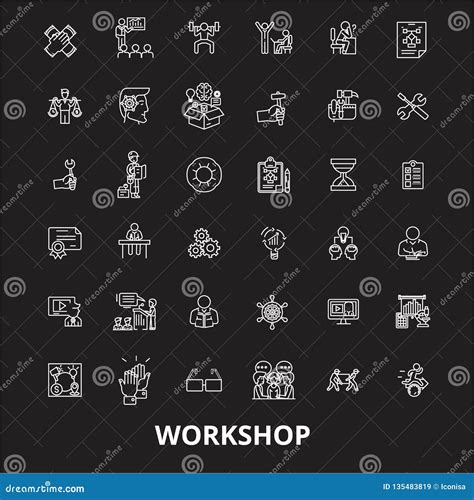 Workshop Editable Line Icons Vector Set On Black Background Workshop White Outline