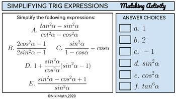 Simplifying Trigonometric Expressions Matching Activity For Google Slides