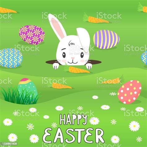 계란 당근 꽃 귀여운 만화 캐릭터 토끼의 손으로 그린 원활한 패턴 토끼가 밍크에서 들여다 부활절 인사말 카드 초대장 벽지