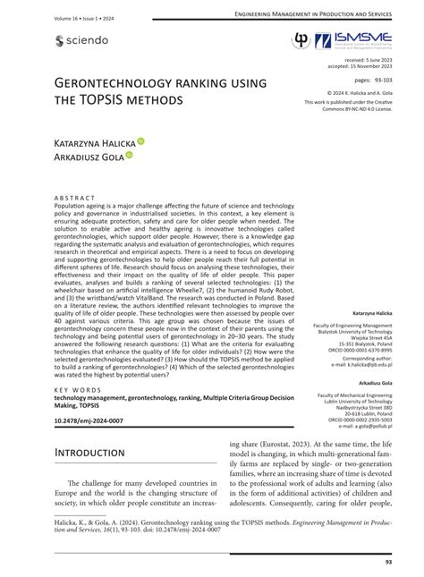 Pdf Gerontechnology Ranking Using The Topsis Methods