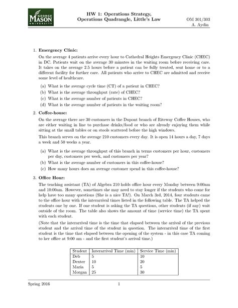 Operations Management Assignments Hw8 Hw 1 Operations Strategy