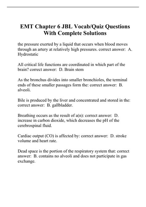 EMT Chapter 6 JBL Vocab Quiz Questions With Complete Solutions EMT Stuvia US