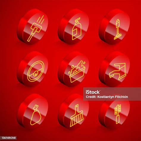 세트 라인 진공 청소기 식기 세척 액체 병 로봇 진공 비누 비누 물 수돗물 쓰레기 봉투 및 핸들 빗자루 아이콘이있는 분지 벡터 3차원 형태에 대한 스톡 벡터 아트 및 기타