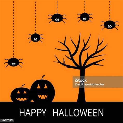해피 할로윈 카드입니다 검은 나무 그림자입니다 호박 웃는 얼굴 거미 거는 대시 선 귀여운 만화 문자 집합입니다 놀라운 아기 그림 컬렉션입니다 평면 디자인입니다 오렌지