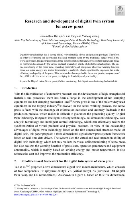 Pdf Research And Development Of Digital Twin System For Screw Press