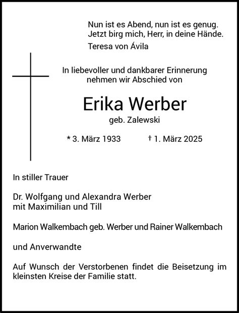Traueranzeigen Von Erika Werber Ga Trauer De