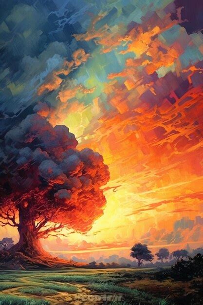 Premium AI Image A Painting Of A Tree With The Sun Setting Behind It