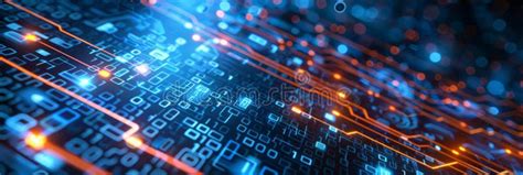 In A Futuristic Digital Circuit Data Flows With A Glowing Effect In Blue And Orange Colors