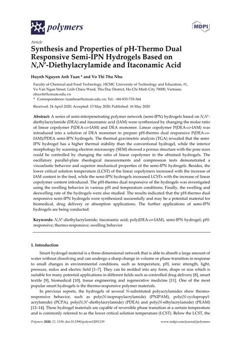 Pdf Synthesis And Properties Of Ph Thermo Dual Responsive Semi Ipn Hydrogels Based On Nn