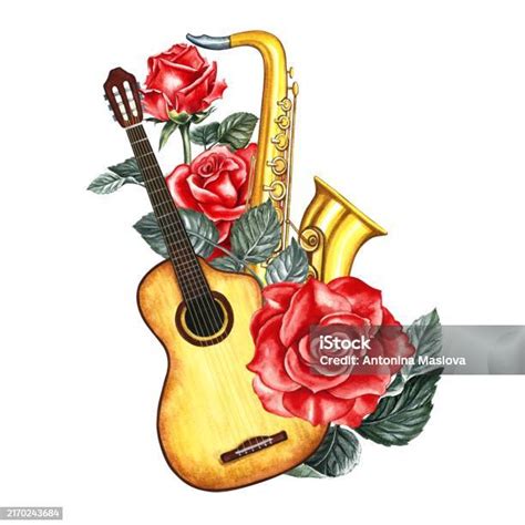 음악 빨간 장미로 장식된 기타와 색소폰 수채화 일러스트는 수작업으로 제작됩니다 그것을 강조 표시하십시오 포스터 전단지 초대장 엽서 로고 스티커 및 인쇄용 0명에 대한 스톡