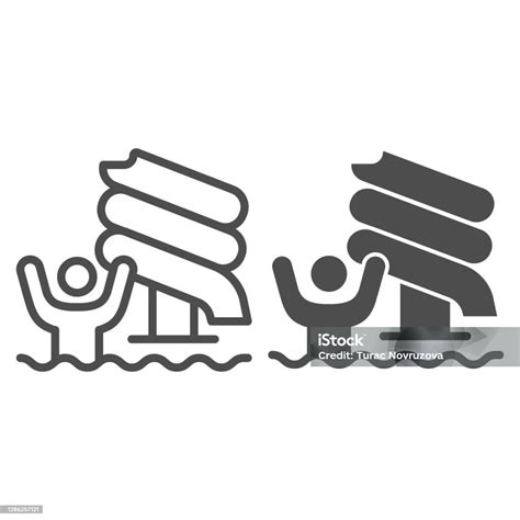 워터 파크 수영장 라인과 단단한 아이콘 아쿠아 파크 개념 흰색 배경에 아쿠아 파크 슬라이드 튜브 표지판 윤곽 스타일의 아쿠아 파크 아이콘의 워터 슬라이드에 남자 벡터 그래픽