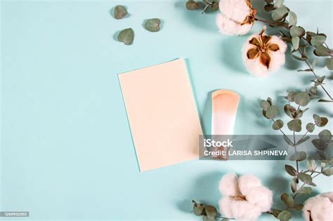 빈 종이 봉투 초대편지 유칼립투스 잎 크림 항아리와 파란색 배경에 면화 꽃 모형 평면 평신도 상단보기 천연 유기농 미용 제품 0명에 대한 스톡 사진 및 기타 이미지 Istock
