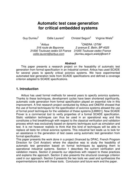 Pdf Automatic Test Case Generation For Critical Embedded Systems