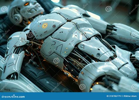 A Robot With Cybernetic Implants And Enhancements Is Laying Down On A