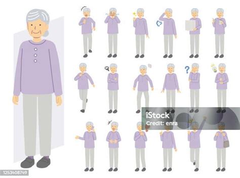 보라색 옷을 입고 시니어 여성의 일러스트 세트 노인에 대한 스톡 벡터 아트 및 기타 이미지 노인 전신 쓰기 Istock