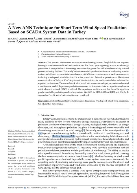 Pdf A New Ann Technique For Short Term Wind Speed Forecasting Based On Scada System Data In Turkey