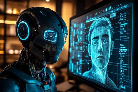Futuristic Robot Analyzing Human Facial Data On A High Tech Screen Stock Illustration