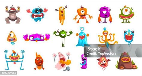 이빨과 부풀어 오른 눈을 가진 으스스한 총구를 가진 만화 괴물 큰 벡터 세트 트롤에 대한 스톡 벡터 아트 및 기타 이미지