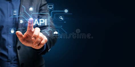 businessman interacting with api icon and connected symbols on a blue
