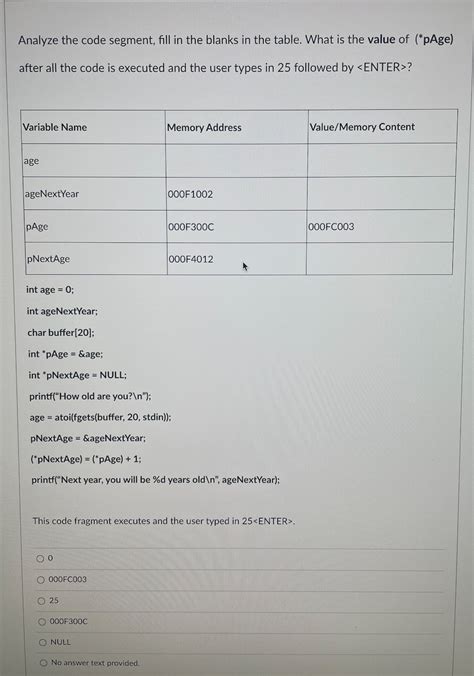 Solved Analyze The Code Segment Fill In The Blanks In The