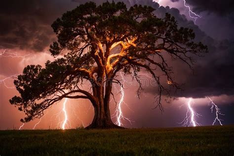 Tree Struck By Lightning In Violent Thunder Storm Stock Illustration