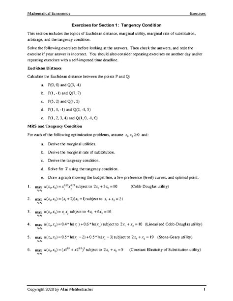 Exercises 1 Tangency Condition Mathematical Economics Exercises