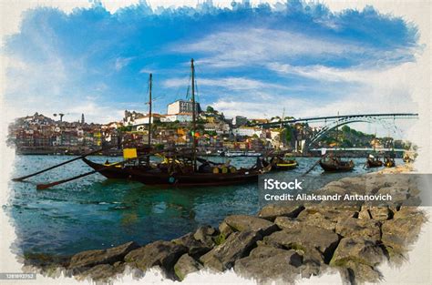 포르투갈의 수채화 그림 도시 풍경 포르토 도우로 강에 와인 포트 배럴노란색 나무 보트의 그룹 구시 가지 포르토의 파노라마 보기 에펠 다리 전망 폰테 돔 루이스 강에 대한