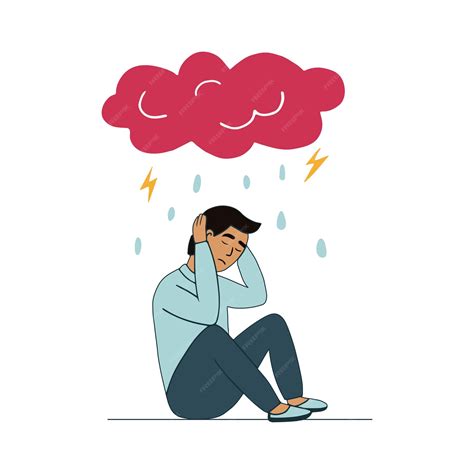 우울증 비구름 아래 앉아 있는 슬픈 불행한 청년 플랫 벡터 일러스트 프리미엄 벡터