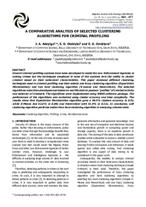 Pdf A Comparative Analysis Of Selected Clustering Algorithms For Criminal Profiling