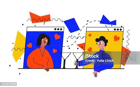 와인과 온라인 날짜에 민족 여자와 남자 창과 소셜 미디어 카드에 있는 사람들 데이트 응용 프로그램 사랑하는 커플 화상 통화 한국의 평평한 활기찬 스타일연인 채팅 Brand