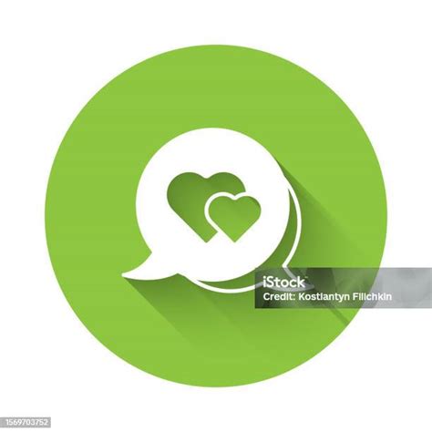 말풍선 아이콘의 하얀 하트는 긴 그림자 배경으로 분리되어 있다 해피 발렌타인 데이 녹색 원 버튼 벡터 심장에 대한 스톡 벡터 아트 및 기타 이미지 Istock