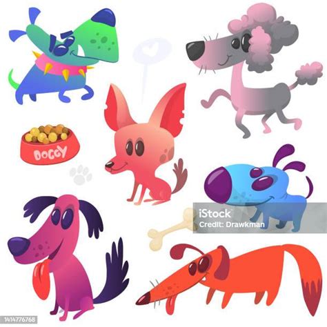 만화 개 세트 불독 푸들 치와와 닥스훈드 잭 러셀 테리어 코기 로트와일러 비글 래브라도 및 도버맨 격리된 벡터 일러스트 레이 션 가공의 인물에 대한 스톡 벡터 아트 및 기타