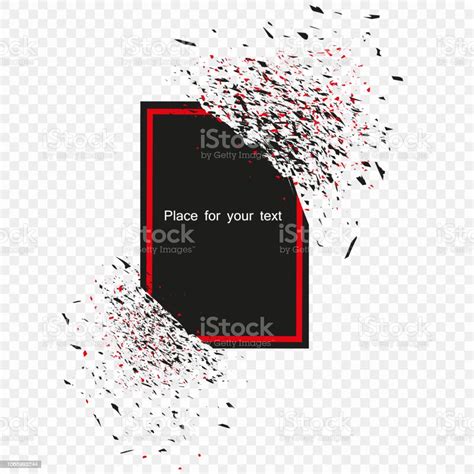 투명 한 배경에 고립 된 파편 빨간색 프레임 블랙 배너 작은 입자와 추상 검은 폭발 텍스트에 대 한 공간을 가진 검은 깨진된