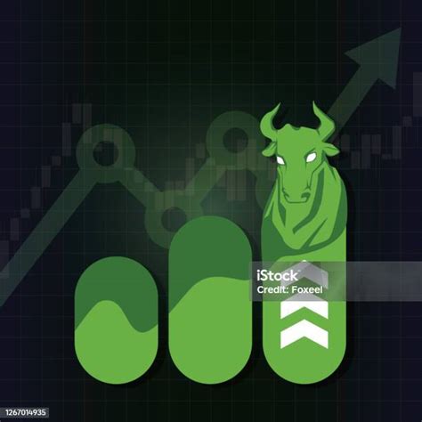 주식 시장 벡터에 강세 기호 금융 요소에 대한 펀드 외환 또는 상품 가격 차트 녹색 막대 차트와 촛불 스틱 그래프와 황소 성장 투자 거래 업 트렌드 컨셉 황소에 대한 스톡