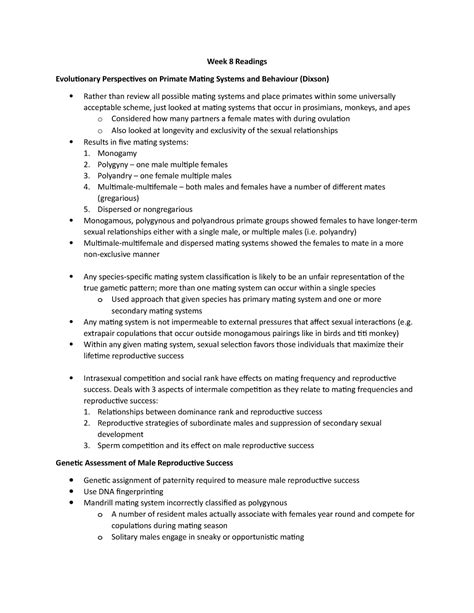 Evol Perspective On Primate Mating Dixson Week 8 Readings Evolutionary Perspectives On