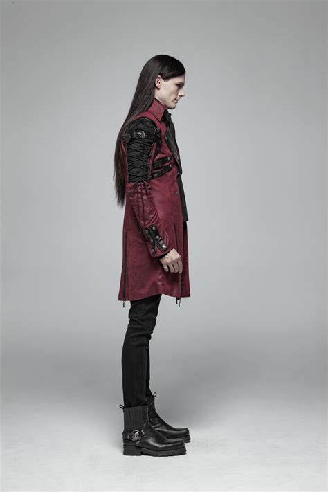 Gothic Male Leather Trench Coat With Laced Sleeves