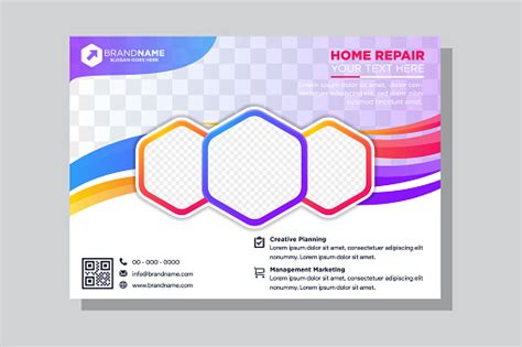 사진 콜라주를위한 웨이브 테두리 요소와 육각형 공간이있는 추상 수평 전단지 디자인 템플릿 0명에 대한 스톡 벡터 아트 및 기타