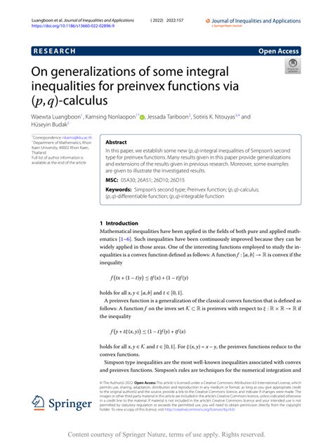 Pdf On Generalizations Of Some Integral Inequalities For Preinvex Functions Via P Q Calculus
