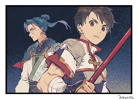 Moryo Gensou Suikoden 2boys Bandaged Arm Bandages Black Hair Blue