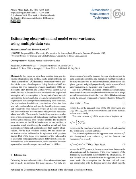 Pdf Estimating Observation And Model Error Variances Using Multiple Data Sets