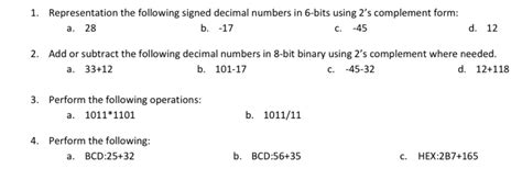 Solved Representation The Following Signed Decimal Numbers Chegg