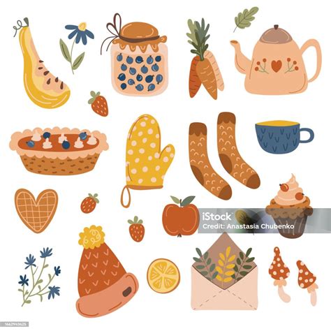 포근한 가을 손 그리기 파이 요소 세트 찻주전자 양말 벙어리 장갑 모자 컵 당근 벡터 그림 가을에 대한 스톡 벡터 아트 및 기타 이미지 Istock