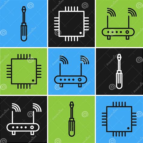 Set Line Screwdriver Router And Wi Fi Signal And Processor With Microcircuits Cpu Icon Vector