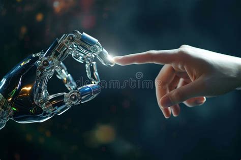 Generative Ai Illustration Human Hand Touching Fingers With A Robot Humanity And Technology